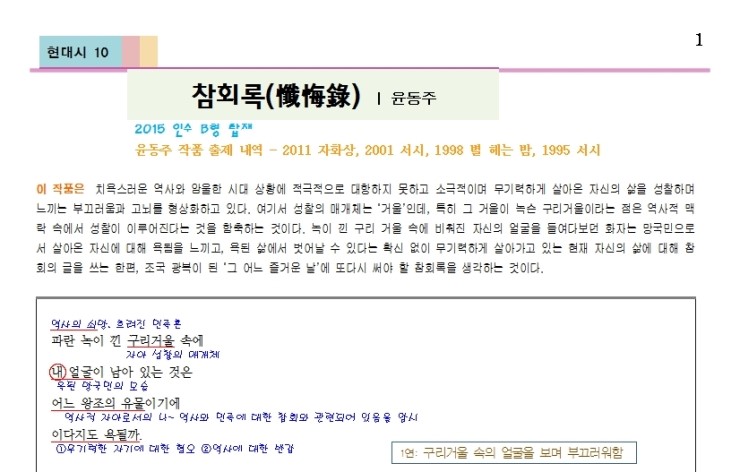 의정부 국어학원 윤동주 참회록 해설 2018학년도 수능특강 현대시10 완두콩 김두환 네이버 블로그