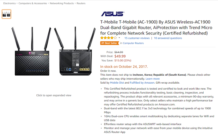 [Amazon] T-Mobile (AC-1900) By ASUS Wireless-AC1900 Dual-Band Gigabit ...