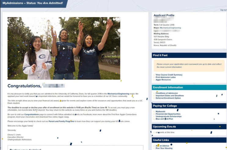 UC Davis 합격 / UC 데이비스 합격 / UC Davis 편입합격 / UC 데이비스 편입합격 / UC 편입 합격 ...