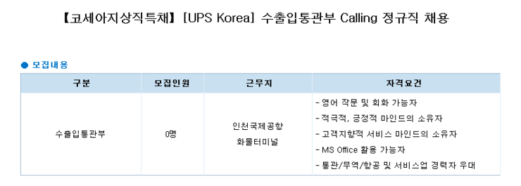 [UPS Korea] 수출입통관부 Calling 정규직 채용 : 네이버 블로그