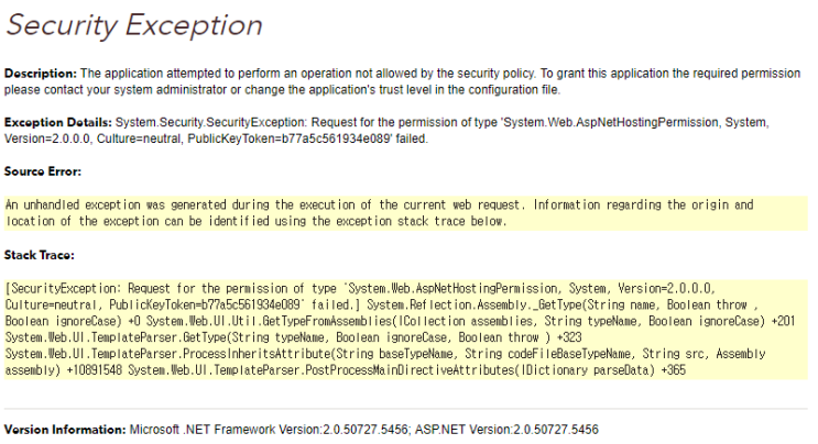 [C# ASP.Net IIS 오류]System.Security.SecurityException: 'System.Web ...