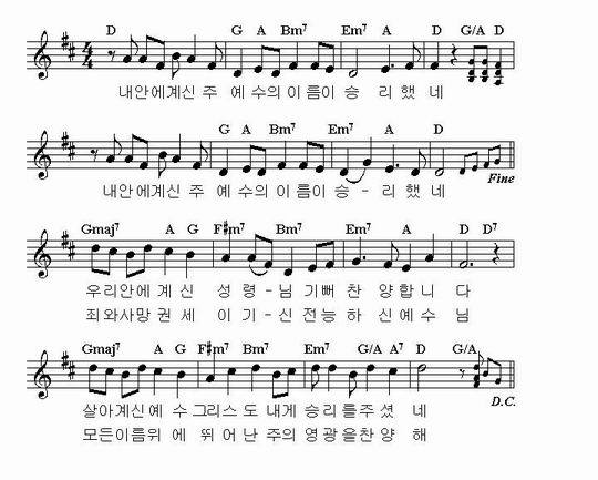복음송가복음성가ccm 내 안에 계신주 예수의 이름이 승리했네 가사 악보 피아노찬양 동영상 네이버 블로그