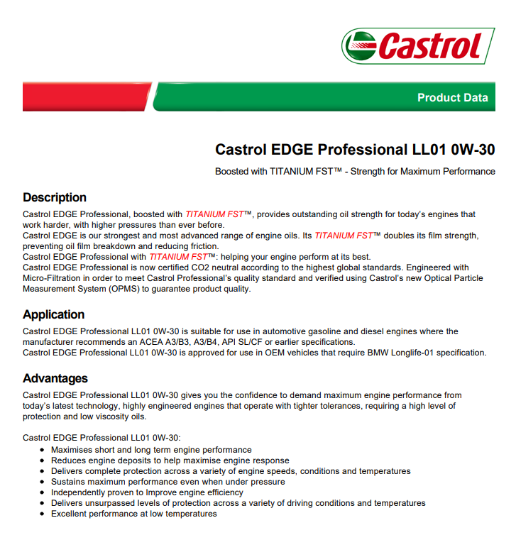 캐스트롤 엣지 프로페셔널 LL01 0W30 ACEA A3/B4 BMW LL-01 유럽 가솔린 : 네이버 블로그
