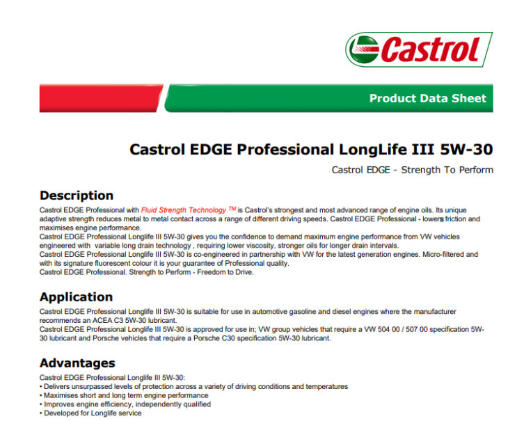 Castrol EDGE Professional LongLife III 5W-30 ACEA C3 VW504 507 Porsche ...