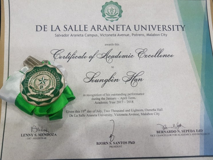 5번째 Dean's List(학과장상, Certificate of Academic Excellence)를 받은 승빈님. (교육 ...