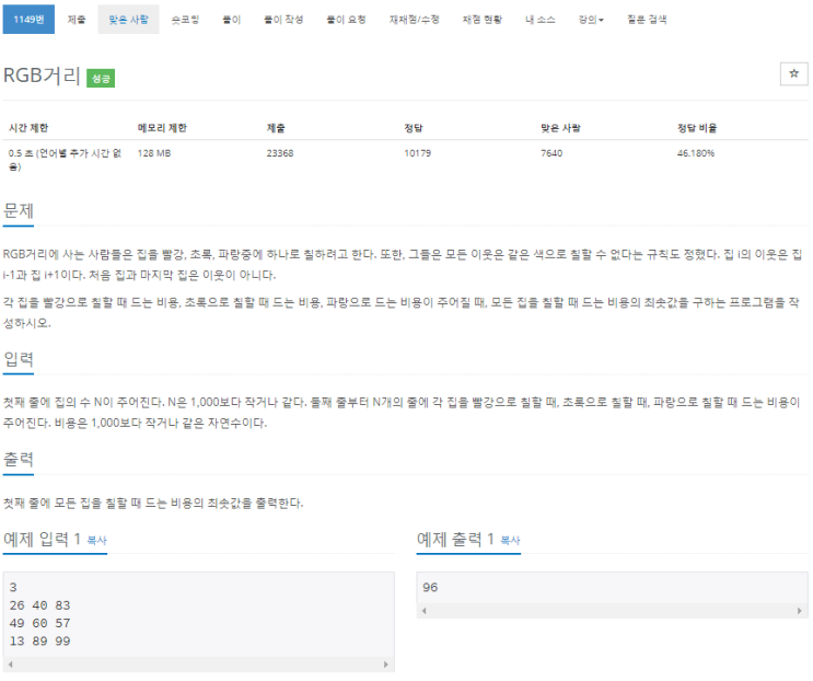 [C++][baekjoon] 백준 1149번 RGB거리 DP : 네이버 블로그