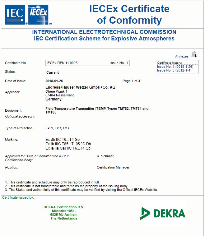 [ATEX/IECEx] Field Temperature Transmitter iTEMP, Types TMT82, TMT84 ...
