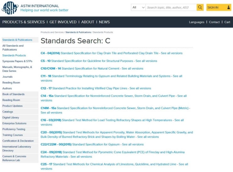 12. ASTM Standards 목록 (ASTM 홈 페이지에서 인용) – C. 세라믹, 콘크리트 그리고 조적(組積) 재료들 ...