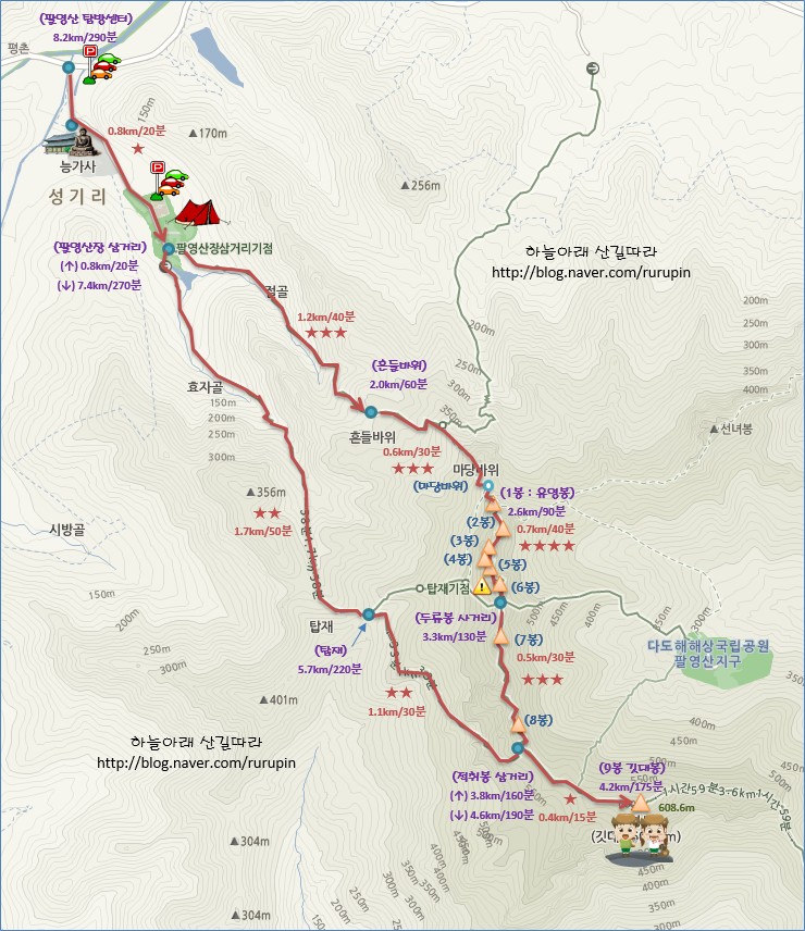팔영산 코스 팔영산 탐방센터 흔들바위 제1봉 제9봉 탑재 팔영산 탐방센터 82km 4시간 50분