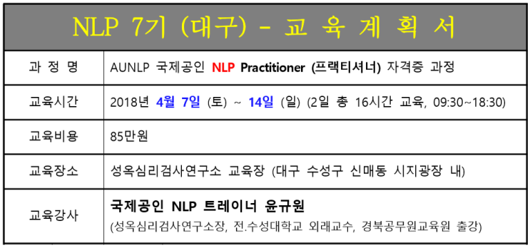 [대구] NLP 7기 교육 안내 - AUNLP 국제공인 NLP Practitioner (프랙티셔너) 자격증 교육 과정 강의 ...