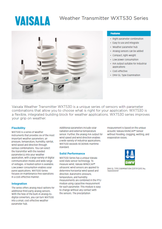 바이살라 통합형기상센서, 통합형기상관측장비 자료, Vaisala Weather Transmitter WXT530 Series ...