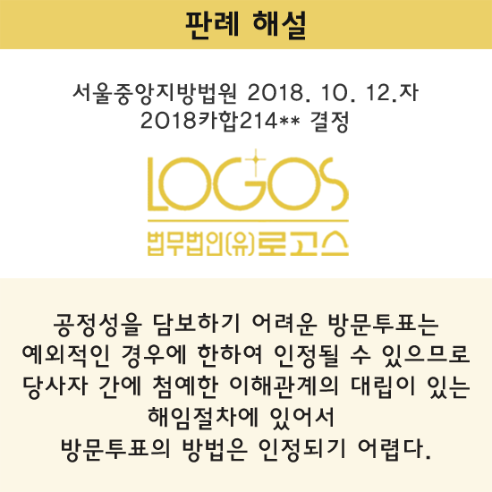 집합건물 동대표 해임 권형필 변호사 승소사례 관리규약에 근거가 없는 한 동대표 해임에 관한 투표 방식을 방문투표로
