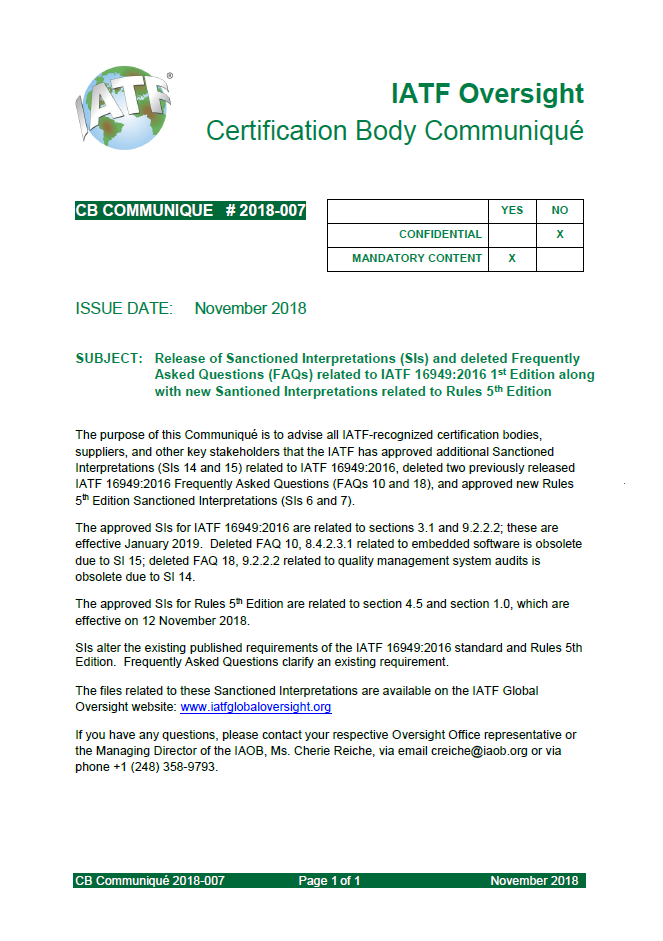 IATF 16949 : IATF Oversight Certification Body Communiqué : 네이버 블로그
