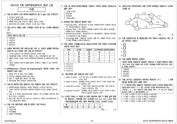 Erp정보관리사 생산 1급 2017년 5회 기출문제 네이버 블로그