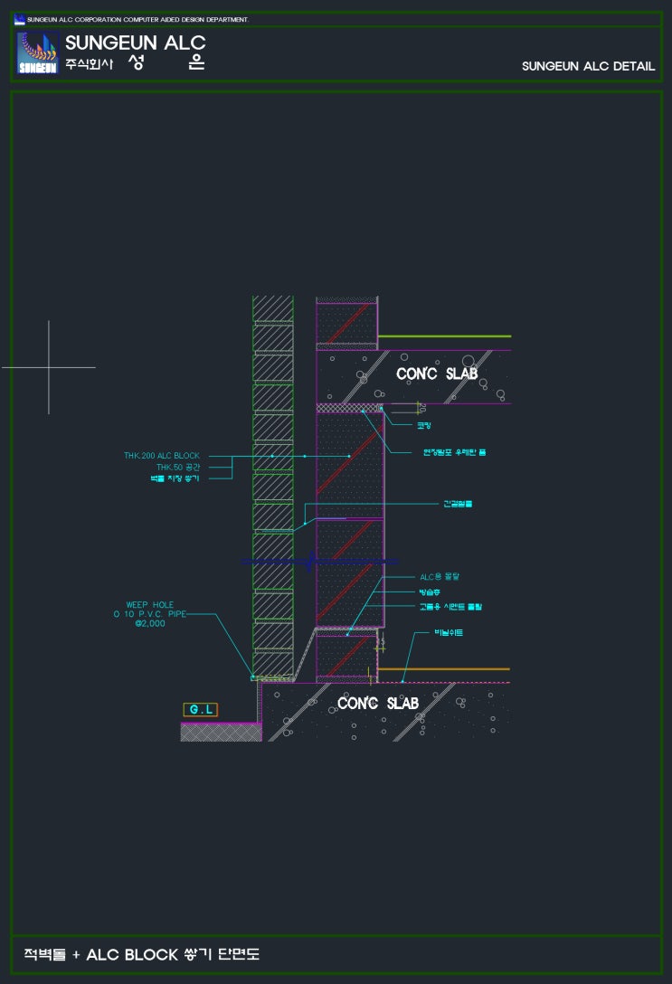 ALC블록 시공 상세도 (시공기술 도면) : 적벽돌 + ALC BLOCK 쌓기 단면도 : ALC주택 외벽 치장 벽돌 쌓기 ...