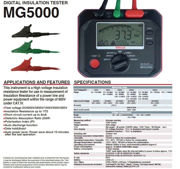 SANWA High Voltage Insulation Resistance Tester MG5000 (5000V/1TΩ) 산와 ...