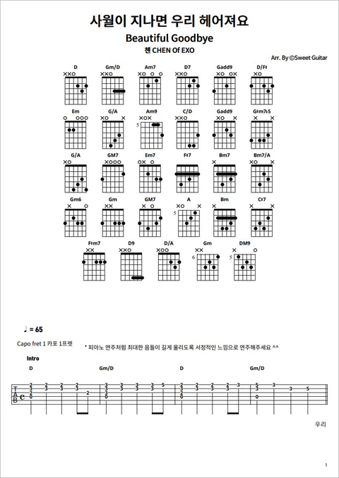 사월이 지나면 우리 헤어져요 - 첸 CHEN 기타 커버 쉬운 코드 타브 악보Beautiful goodbye Guitar ...