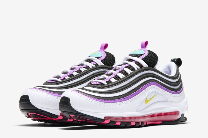 나이키 우먼스 에어맥스97 2019 'W AM97 BRIGHT VIOLET' 화이트 브라이트 바이올렛 오로라 다이나믹 옐로우 ...