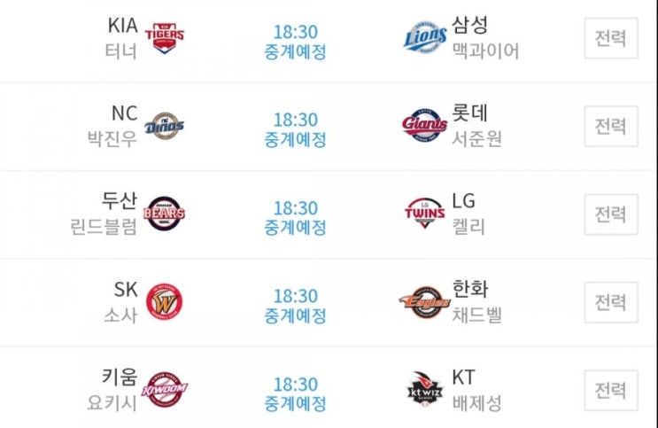 2019.07.09 KBO(프로야구) (LG 두산 | KT 키움 | 한화 SK | 삼성 KIA[기아] | 롯데 NC) : 네이버 블로그