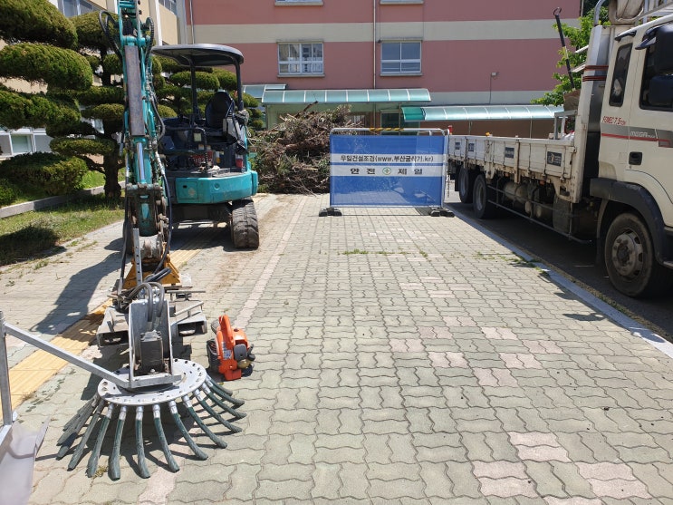 ☎♪부산 굴삭기포크레인제초기로 아스팔트 도로 경계석 잡초 제초작업 보도블럭 잡초제초 작업 네이버 블로그