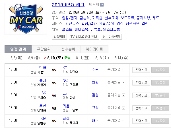 2019.08.10 KBO(프로야구) (한화 KT | KIA[기아] 삼성 | 롯데 NC | 두산 키움 | SK LG) : 네이버 블로그