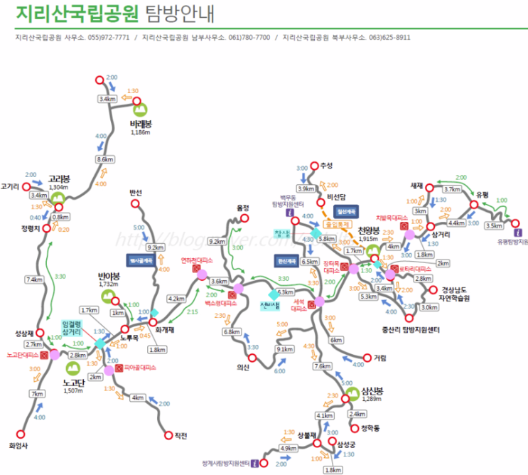 지리산 등산코스 지도, 식수/샘터 : 네이버 블로그
