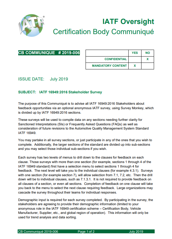 IATF Oversight Certification Body Communiqué : 네이버 블로그