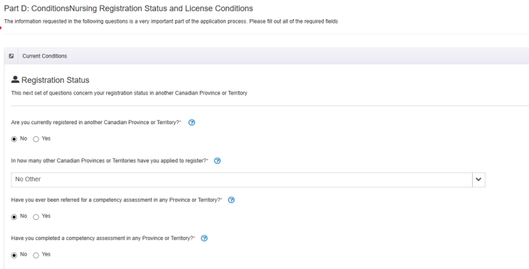 NNAS Application 작성. Part D-Condintions Nursing Registration Status and ...