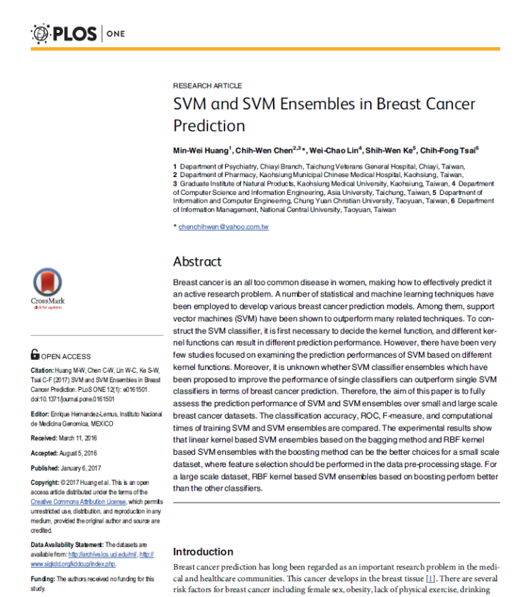 [논문 리뷰] SVM and SVM Ensembles in Breast Cancer Prediction : 네이버 블로그