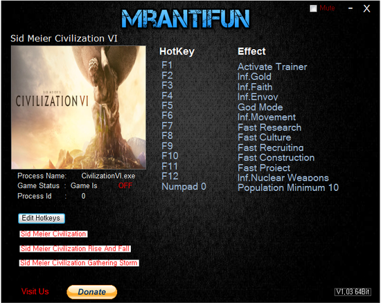 시드 마이어의 문명 6 트레이너 - Sid Meier Civilization VI v1.0.0.290 +12 Trainer ...