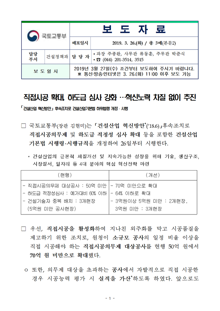 직접시공 확대 하도급 심사 강화 혁신노력 차질 없이 추진 「건설산업 혁신방안」 후속조치로 건설산업기본법 하위법령 개정