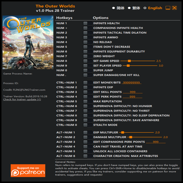191029 아우터 월드 트레이너 (The Outer Worlds Trainer v1.0 +28)3DM : 네이버 블로그