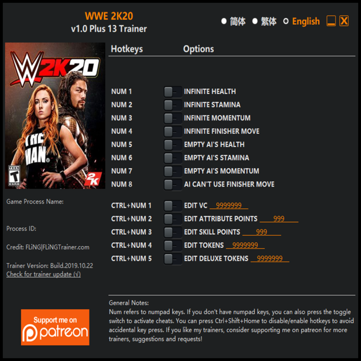 191023 WWE 2K20 트레이너 (WWE 2K20 Trainer v1.0 +13)3DM : 네이버 블로그