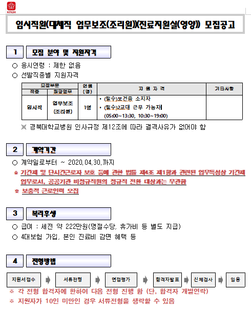 채용 경북대학교병원 임시직원대체직 업무보조조리원진료지원실영양 모집공고 네이버 블로그