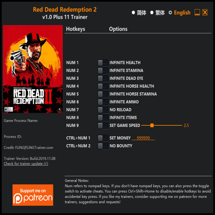 191109 레드 데드 리뎀션 2 트레이너 (Red Dead Redemption 2 Trainer v1.0 +11)3DM ...