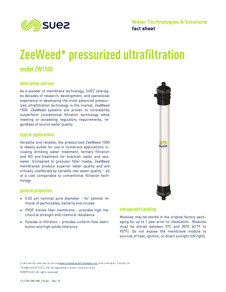 SUEZ. ZeeWeed* pressurized ultrafiltration model ZW1500 : 네이버 블로그
