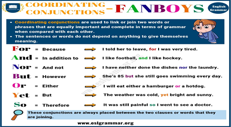 등위접속사는 FOR, AND, NOR, BUT, OR, YET, SO[FANBOYS팬보이스] (필리핀글로벌스카이에듀,세부GS ...
