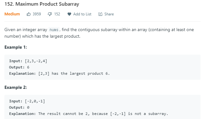[Leetcode] Maximum Product Subarray (연속부분 최대곱, dp) : 네이버 블로그