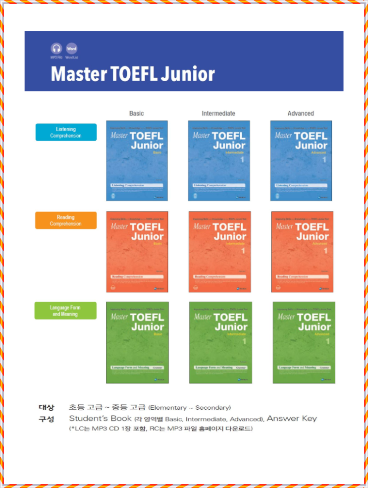 MASTER TOEFL JUNIOR (BASIC / INTERMEDIATE / ADVANCED) 세계적인 공인영어인증시험 마스터토플주니어 RC LC LFM - 우리북스 ...