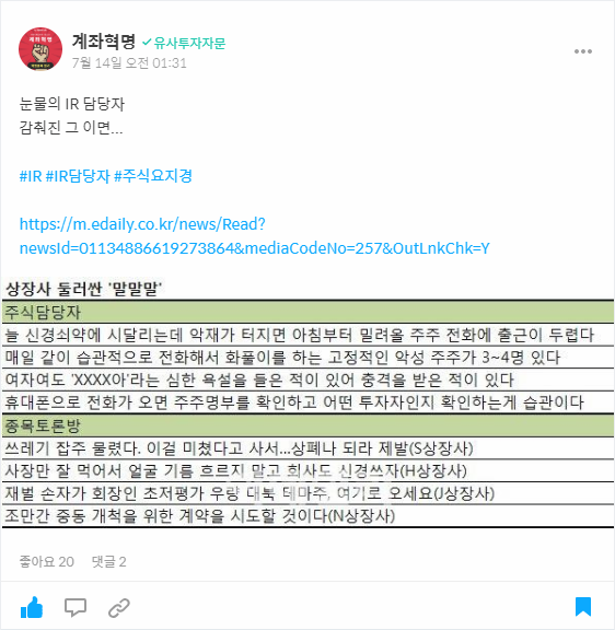 주간베스트 Ir 담당자의 애환 머니스테이션텔레그램 채널주식오늘증시상한가애널리스트종목토론방상장사관련주작전