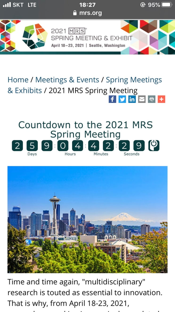 2021년 MRS (미국재료학회) Spring Meeting은 Seattle 시애틀에서 열린다! 2022년, 2023년 ...