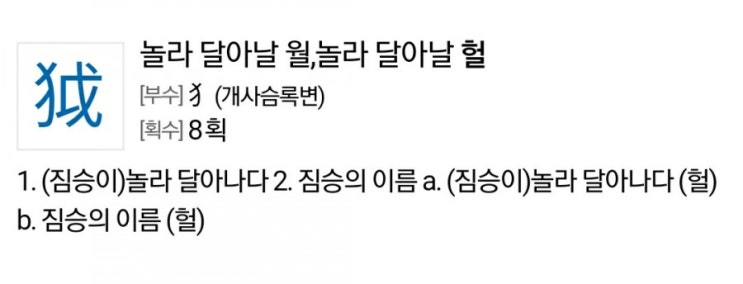 狘놀라 달아날 월, 놀라 달아날 헐 https://hanja.dict.naver.com/hanja?q=%E7%8B%98&cp ...