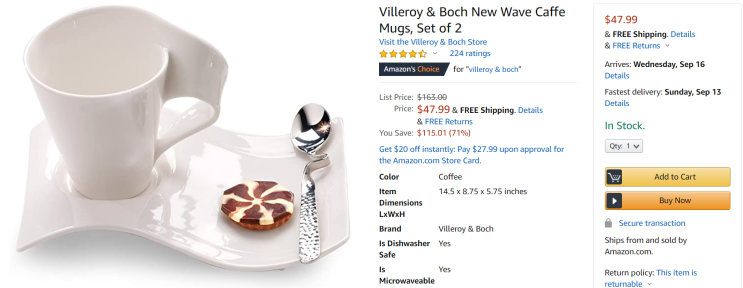 빌보 뉴웨이브 (Villeroy & Boch New Wave Caffe Mugs, Set of 2) 가격 좋아요.. (아마존 ...