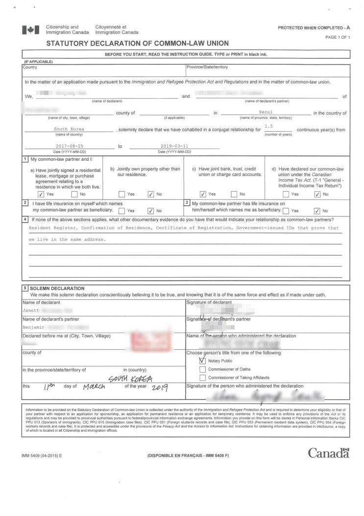 캐나다이민DIY: 국내에서 커먼로 진술서 Statutory Declaration of Common-Law Union ...