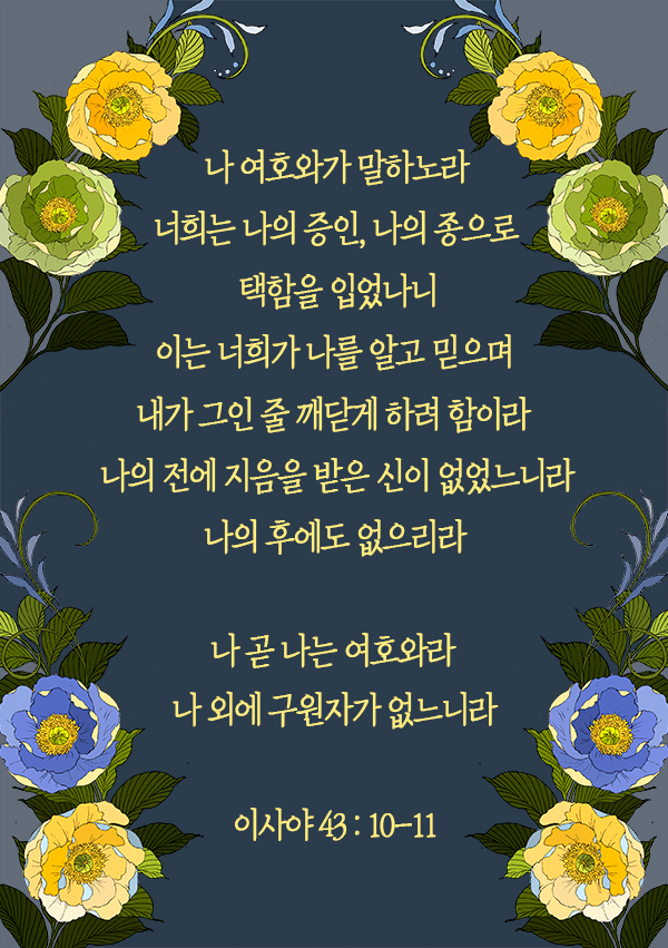 이사야 4310 11 너희는 나의 증인 나의 종으로 택함을 입었나니 이는 너희가 나를 알고 믿으며 내가 그인 줄 깨닫게 하려