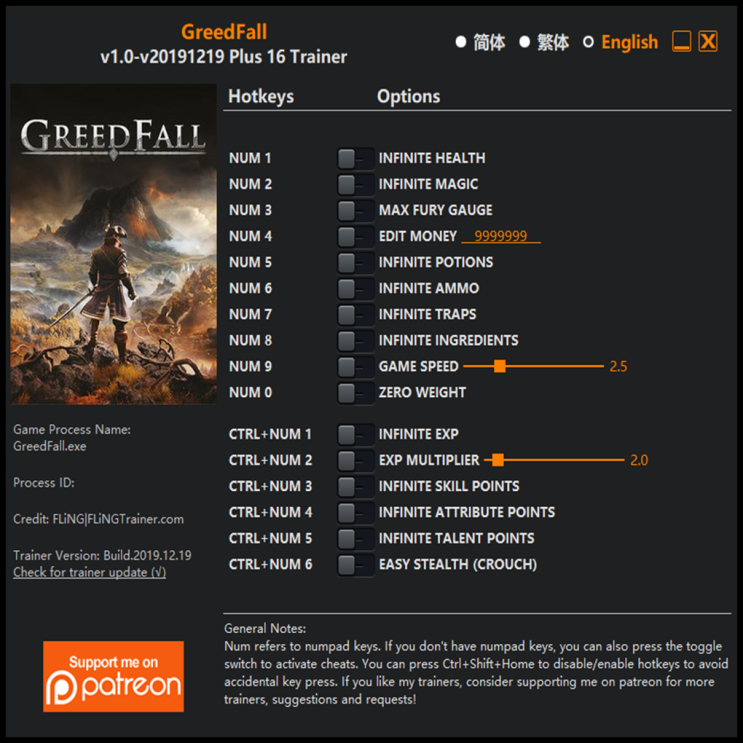 191220 그리드폴 트레이너 (GreedFall Trainer v1.0-v20191219 +16)3DM : 네이버 블로그