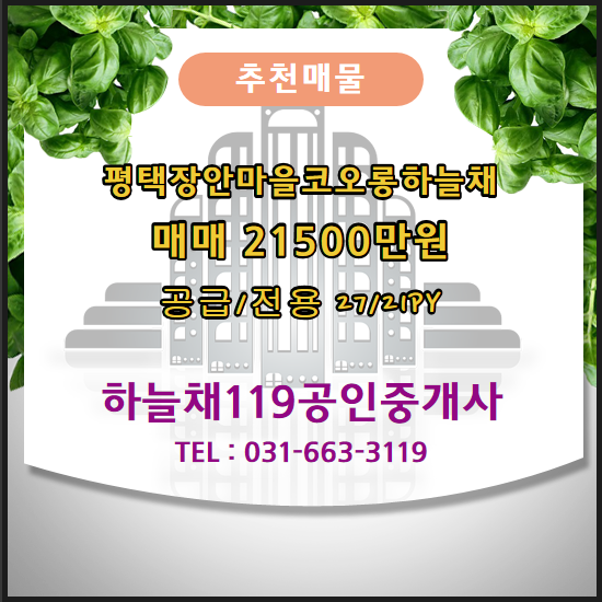 장안동 평택장안마을코오롱하늘채 매매 1017동 90.8/67.99㎡ (27py) 21500만 높은1층,전체확장,붙박이장2개,협의 ...