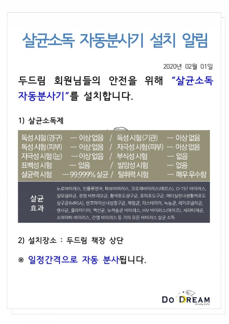 분당 서현역 스터디카페 두드림 살균소독 자동분사기 설치 안내 네이버 블로그