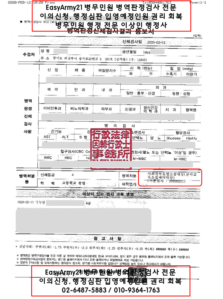 병역판정검사 이의신청 재병역판정검사 2급 4급 처분 보충역 결정 병무민원 전문 이상민 군전문 행정사 군사교육소집제외