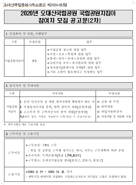 채용 국립공원공단 오대산 2020년 오대산국립공원 국립공원지킴이 참여자 모집 공고문2차 네이버 블로그
